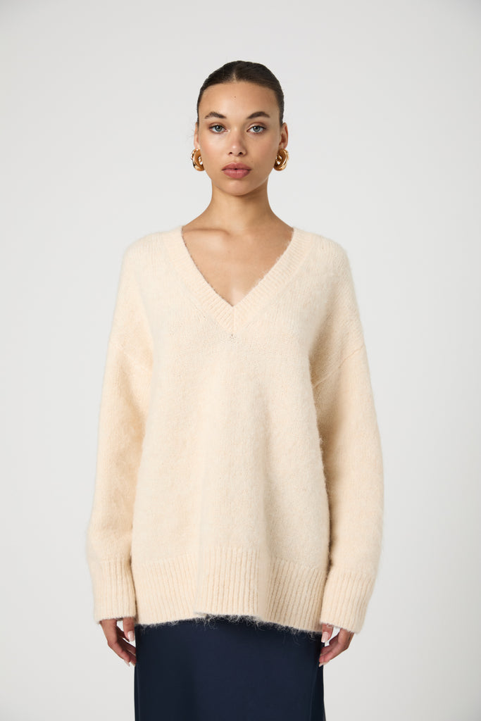 Fluffy Knit V Neck Oversized Sweater Classic Cream | French Connection US