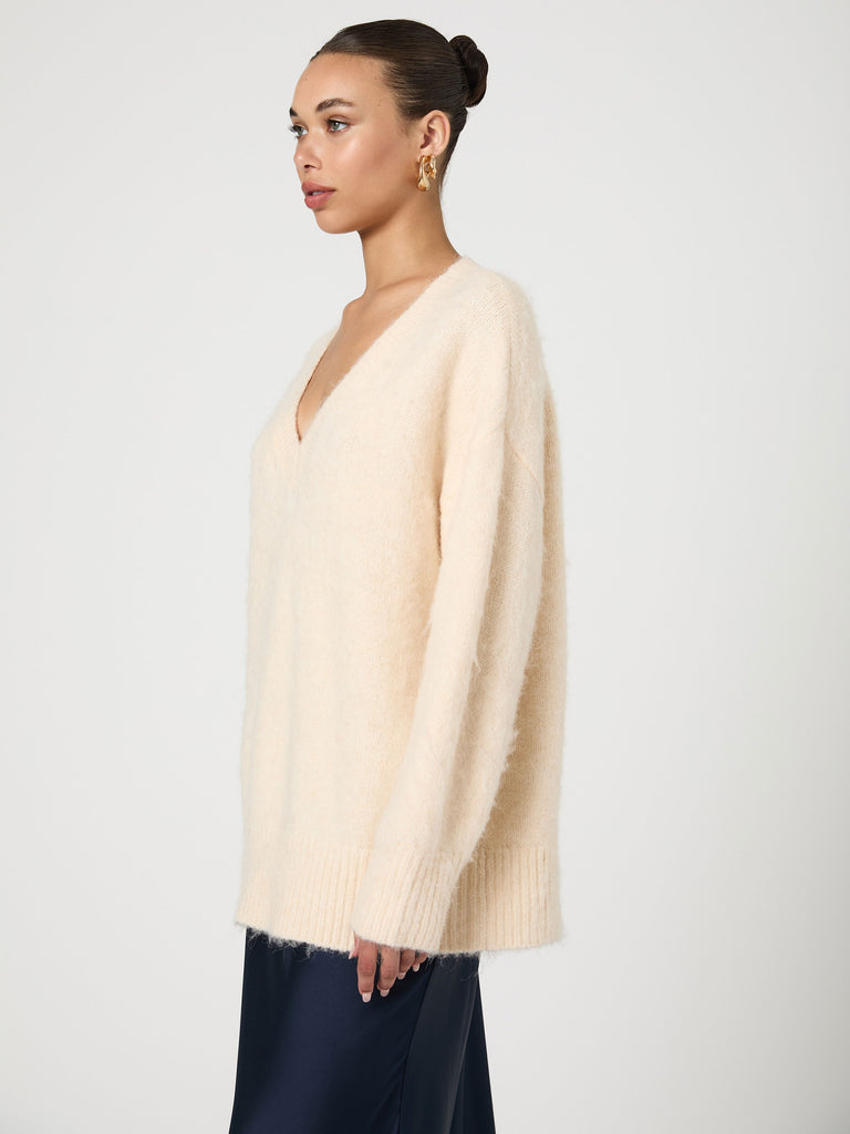 Fluffy Knit V Neck Oversized Sweater Classic Cream | French Connection US