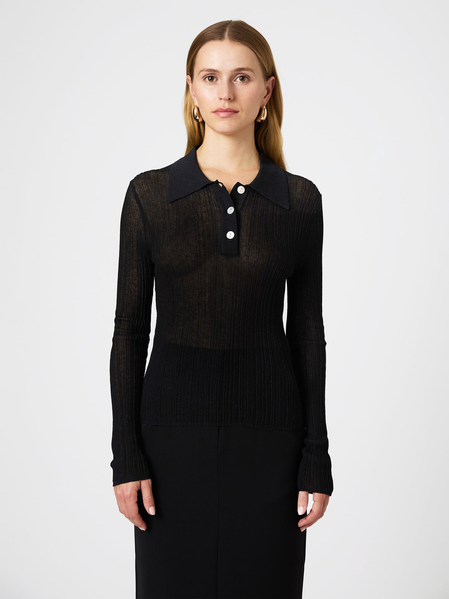 Linen Blend Knit Button Up Top Black | French Connection US